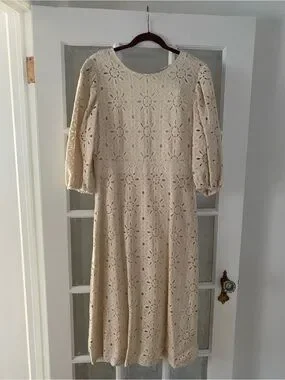 Sezane | Dresses | Cream Crochet Floral Midi Dress With Puff Sleeves ...